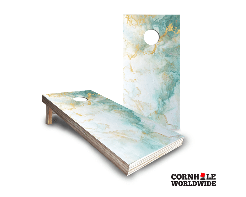 Blue And Gold Marble Stone Cornhole Boards Game Set | Board & Bags